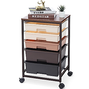 TOOLF Utility Cart with 5 Drawers,Storage Drawer Cart with Wooden Tabletop and Lockable Wheels,Craft Storage Trolley Cart,5-Tier Rolling Utility Cart on Wheels (Brown)