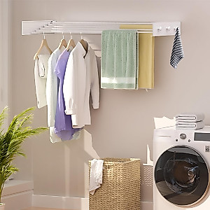 Muibe Upgrade 6 Knob Hooks Wall Mounted Clothes Drying Rack, Foldable Collapsible Wall Mount Laundry Drying Rack Indoor, Drying Rack Clothing, Towel Drying Rack with Wall Template, 5 Rods, 31.5"