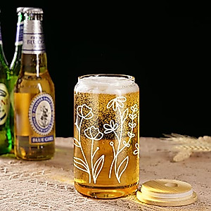 Coolife Floral Iced Coffee Cup - 16oz Can Shaped Drinking Glass Cup w/Bamboo Lid Straw - Aesthetic Cups, Glass Coffee Tumbler, Flower Glass Cups for Beer Smoothie - Birthday Aesthetic Gifts for Women