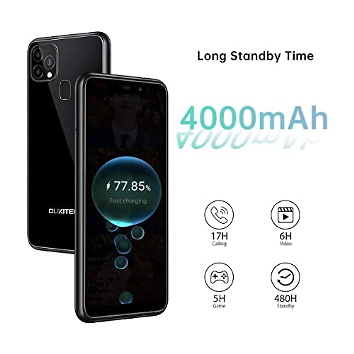 OUKITEL C22 Unlocked Cell Phone, 2021 Dual SIM Smartphone 5.86 Inch HD Screen+, 4GB+128GB Android 10 T-Mobile, Rear 3 Camera Face/Fingerprint ID(Black)