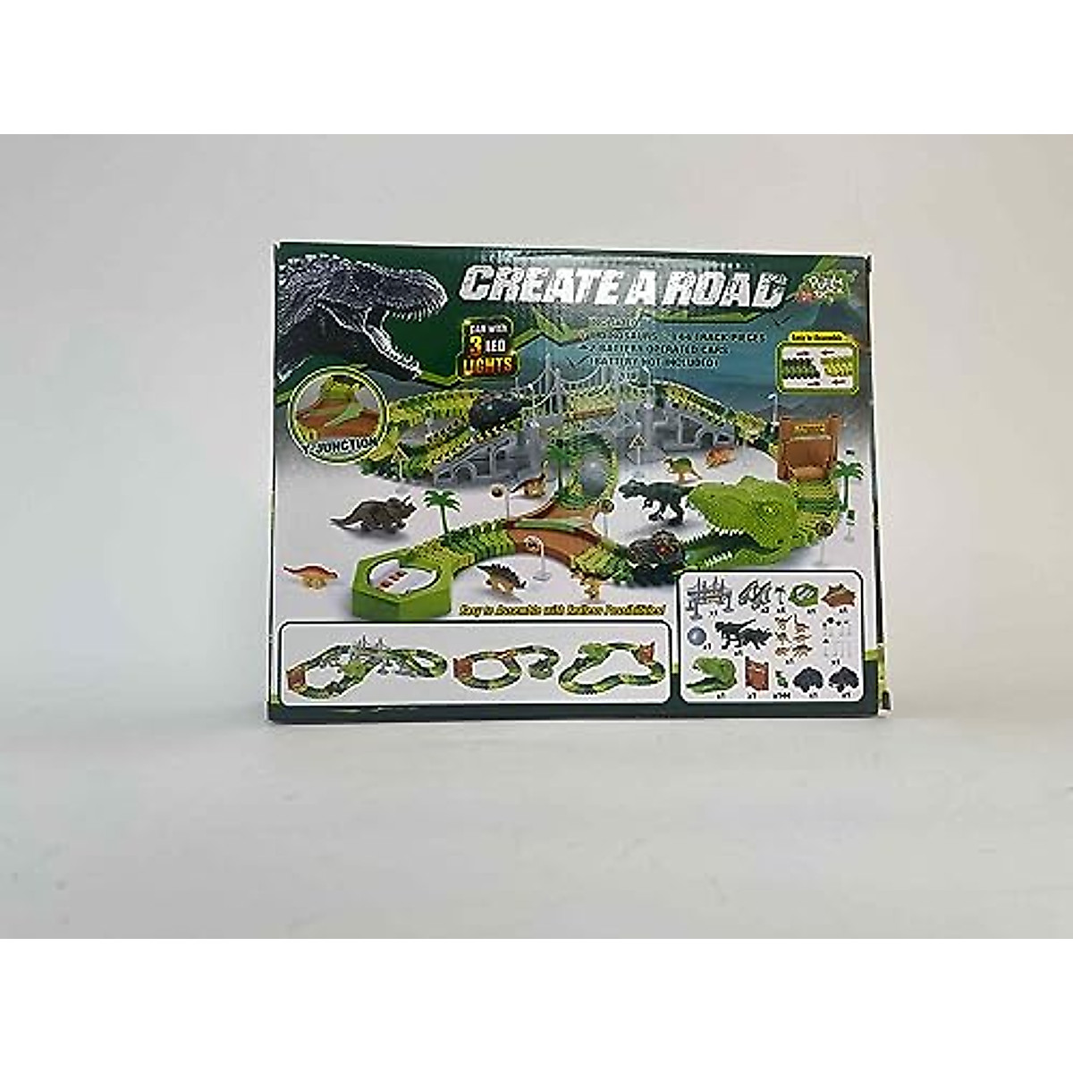 174 PCS Flexible Dinosaur Train Tracks and Race Cars Playset with 8 Dinosaurs Figures, Electric Vehicles, Lights - Create Road Racing World for Toddlers and Kids