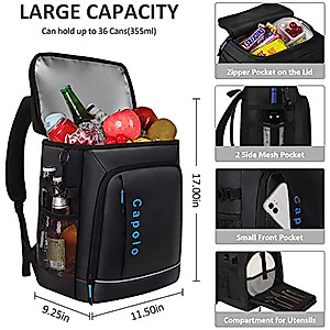 Capolo Cooler Backpack Insulated Leak Proof 36 Cans, Soft Camping Bacpack Cooler Thermal Bag Ice Chest, Portable Waterproof Travel Cooler for Lunch Beach Picnic Shopping