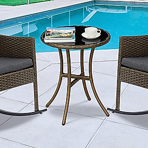 Patio PE Rattan Side Table, Outdoor Round Wicker Covered Edge with Tempered Glass Top, Rattan Iron Frame Table Coffee Dining Table for Lawn, Garden, Pool(Brown)