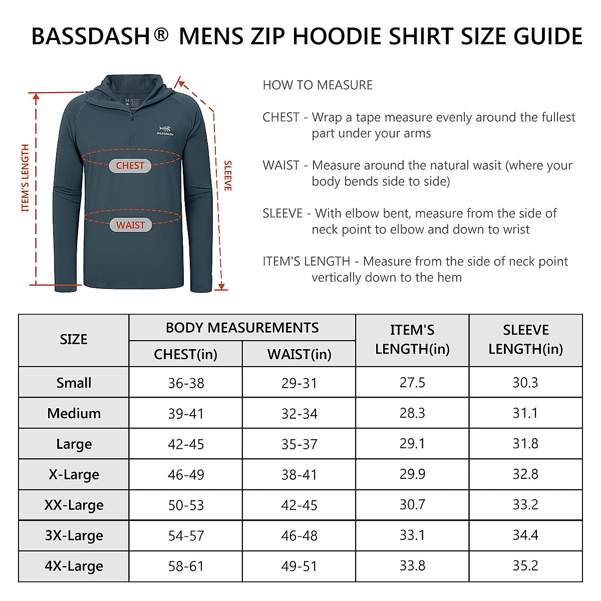 BASSDASH Men’s UPF 50+ 1/4 Zip Fishing Hoodie Shirt Quick Dry Performance Long Sleeve Sun Protection FS24M Slate Blue