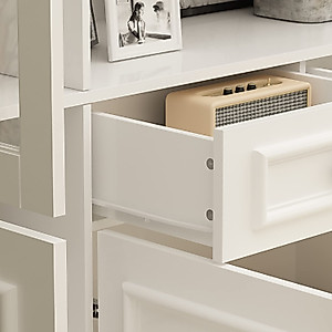 Homsee Tall Bookcase Bookshelf with 15 Storage Shelves, Drawers & 4 Glass Doors, Wooden Display Storage Cabinet with 15 Compartments for Home Office, Living Room, White (63" W x 15.7" D x 78.7" H)