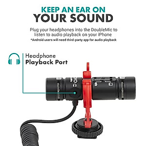 Movo DoubleMic V2 Two-Sided Supercardioid Video Shotgun Microphone for iPhone, Android, Smartphones or DSLR Camera - Dual Capsule External Mic with Improved Wind Protection - Latest Version