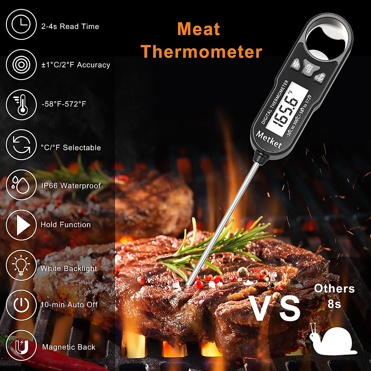MetKet Waterproof Digital Food Thermometer 2 Pack, Instant Read Meat Thermometer for Cooking and Baking, Long Probe Thermometer for Grill BBQ Smoker Oven Oil Milk Candy Wine Thermometer