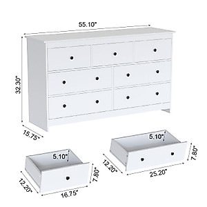 CARPETNAL White Dresser for Bedroom, 7 Drawer Dresser with Wide Drawer and Metal Handles, Woode Dressers & Chests of Drawers for Hallway, Entryway.