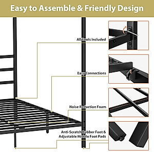 SUPER DEAL Metal Canopy Bed Frame Queen Size Four Poster Bedframe with Built-in Headboard 14 Inch Platform Mattress Foundation Sturdy Slatted Structure No Box Spring Needed Easy Assembly, Black