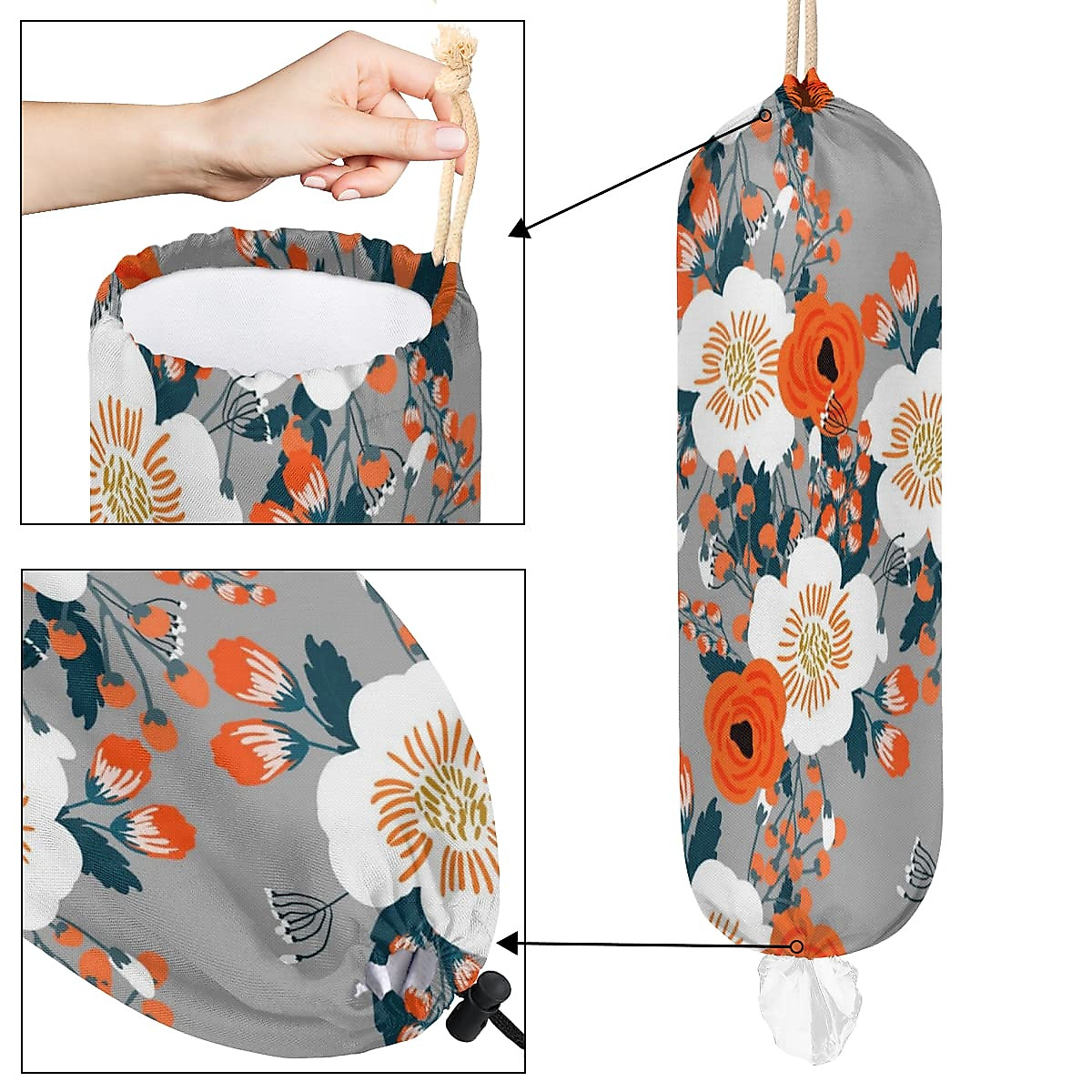 Plastic Bag Holder Funny Poppy Flowers Wall Mount Grocery Bag Organizer Holder Hanging Trash Bag Storage Dispenser for Home Kitchen Pantry Door Organization Decor