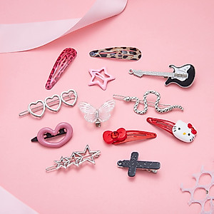 Y2K Pink Hair Clips Set, Hollow Out Star Heart Hairpin Punk Snake Cross Guitars Headwear Cute KT cat Accessories Styling Tools Gifts for Women Girls(12pcs)