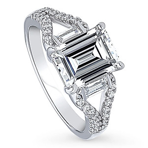 BERRICLE Sterling Silver Solitaire Wedding Engagement Rings 2.6 Carat Step Emerald Cut Cubic Zirconia CZ Split Shank Ring for Women, Rhodium Plated Size 6