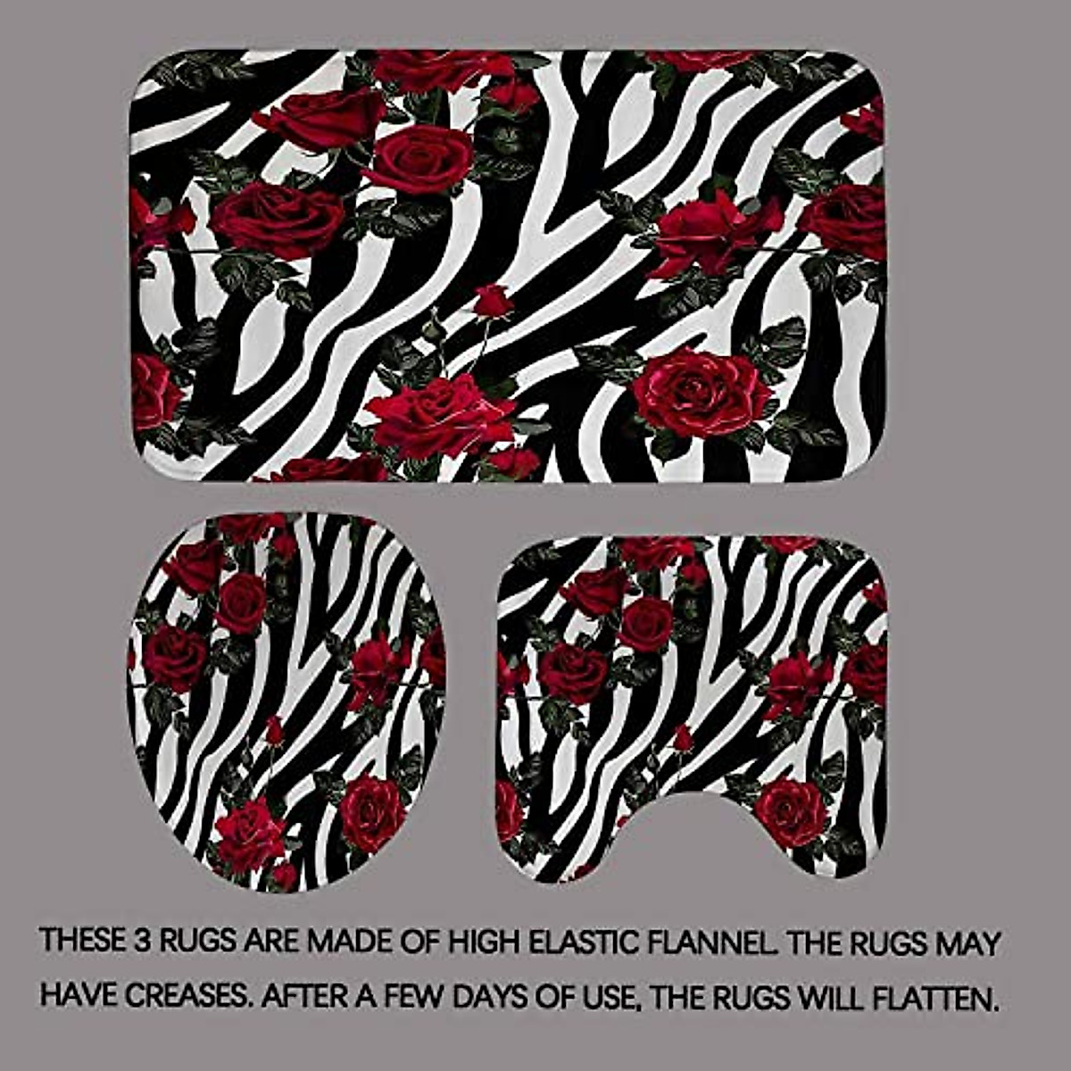 Dia Magico 4PCS Zebra Print Shower Curtain Set, Romantic Red Rose Floral Botanical Black and White Stripes Wildlife Safari Animal Skin Modern Bathroom Decor Fabric Shower Curtain, Non-Slip Bath Mat
