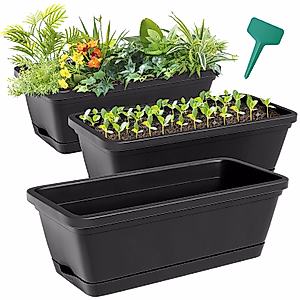 CEED4U Window Box Planter, 17 Inches 3 Packs Black Rectangular Planters Box with Saucers and 15Pcs Plant Labels, Self-Watering Drainage Holes, Windowsill Decor Outdoor Indoor Plastic Long Pots