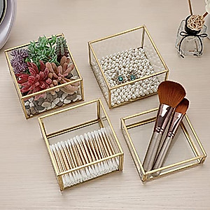 Hipiwe 4-Tiered Gold Glass Jewelry Box Stackable Trinket Organizer Decorative Glass Box Q-tip Holder Cotton Ball and Swab Storage Holder for Bathroom Dresser Office Countertop