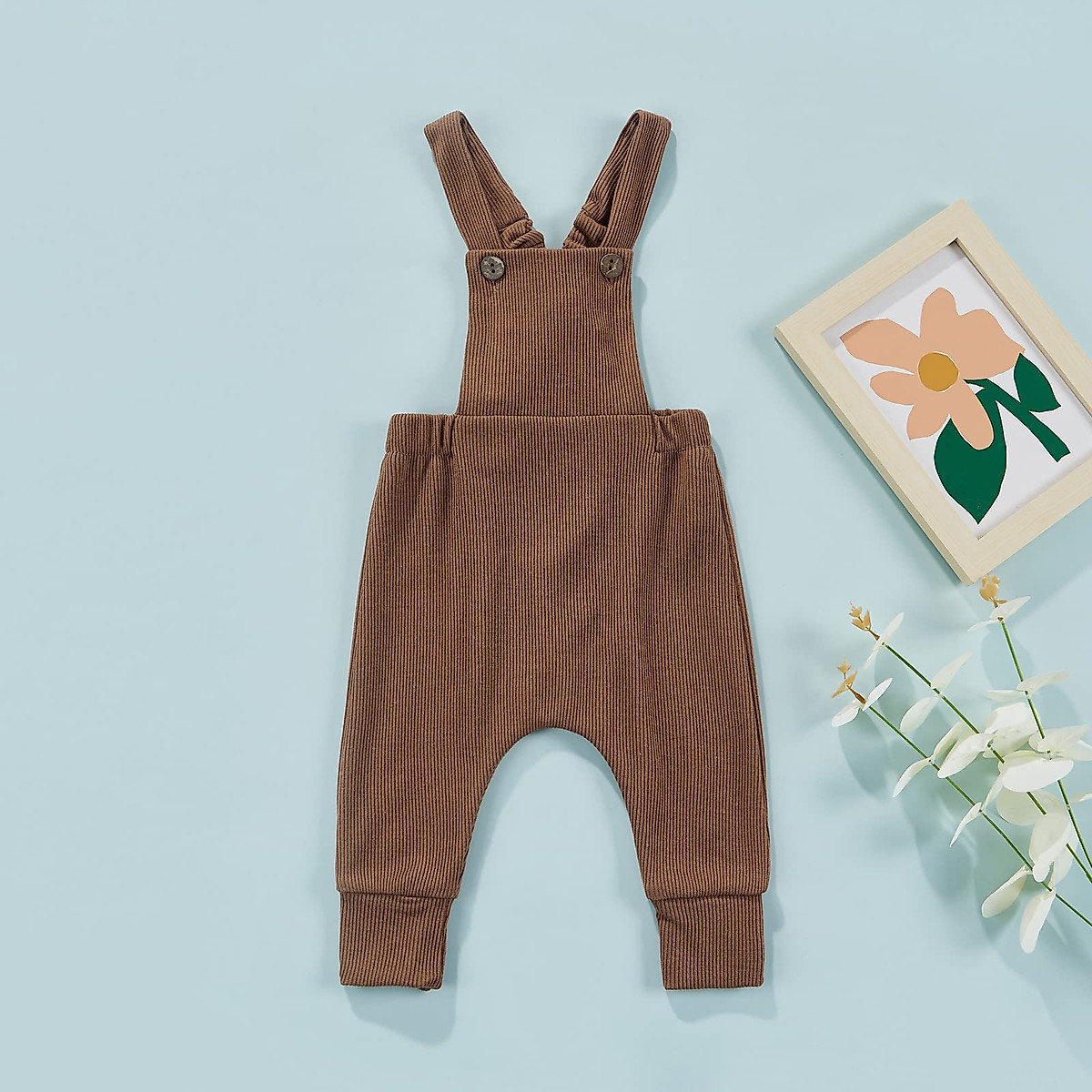 Karuedoo Newborn Baby Girls Boys Ribbed Overalls Solid Halter Backless Jumspuits Overalls Strap Suspender Pants Outfits (Brown, 12-18 Months)
