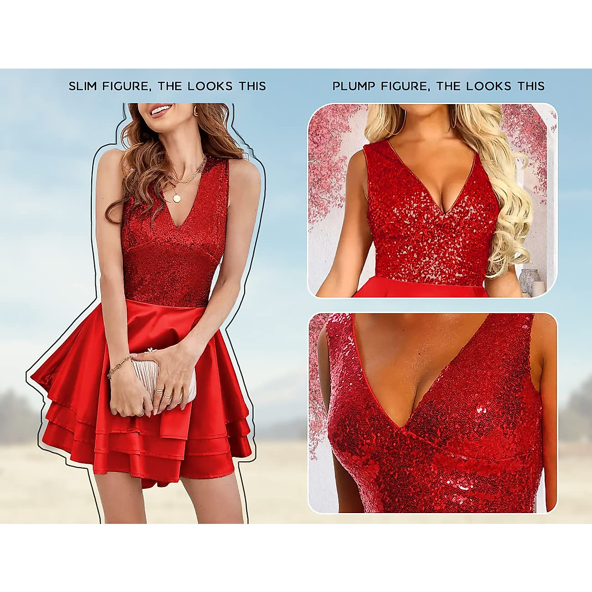 Lrady Women's Sequin Glitter V Neck Skater Mini Club Cocktail Party Swing Dress, Red, Medium