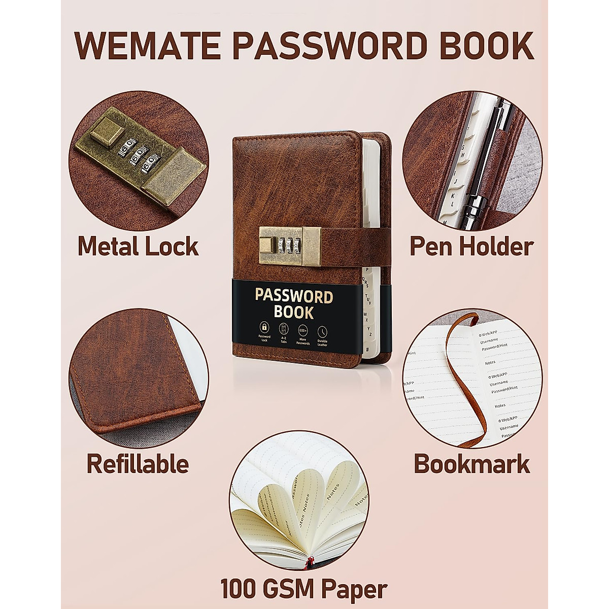 WEMATE Password Book with Lock, Password Book with Alphabetical Tabs 600+ Password Spaces, Password Logbook with Lock, Password Keeper for Computer 4.33 X 6.18 Inch Brown