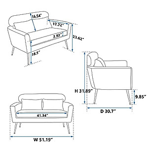 HomSof Modern Chenille Loveseat Small Mini Room Couch Two-Seater Sofa with 2 Throw Pillows Gold Metal Legs, Valley Gray/Bronzing Cloth