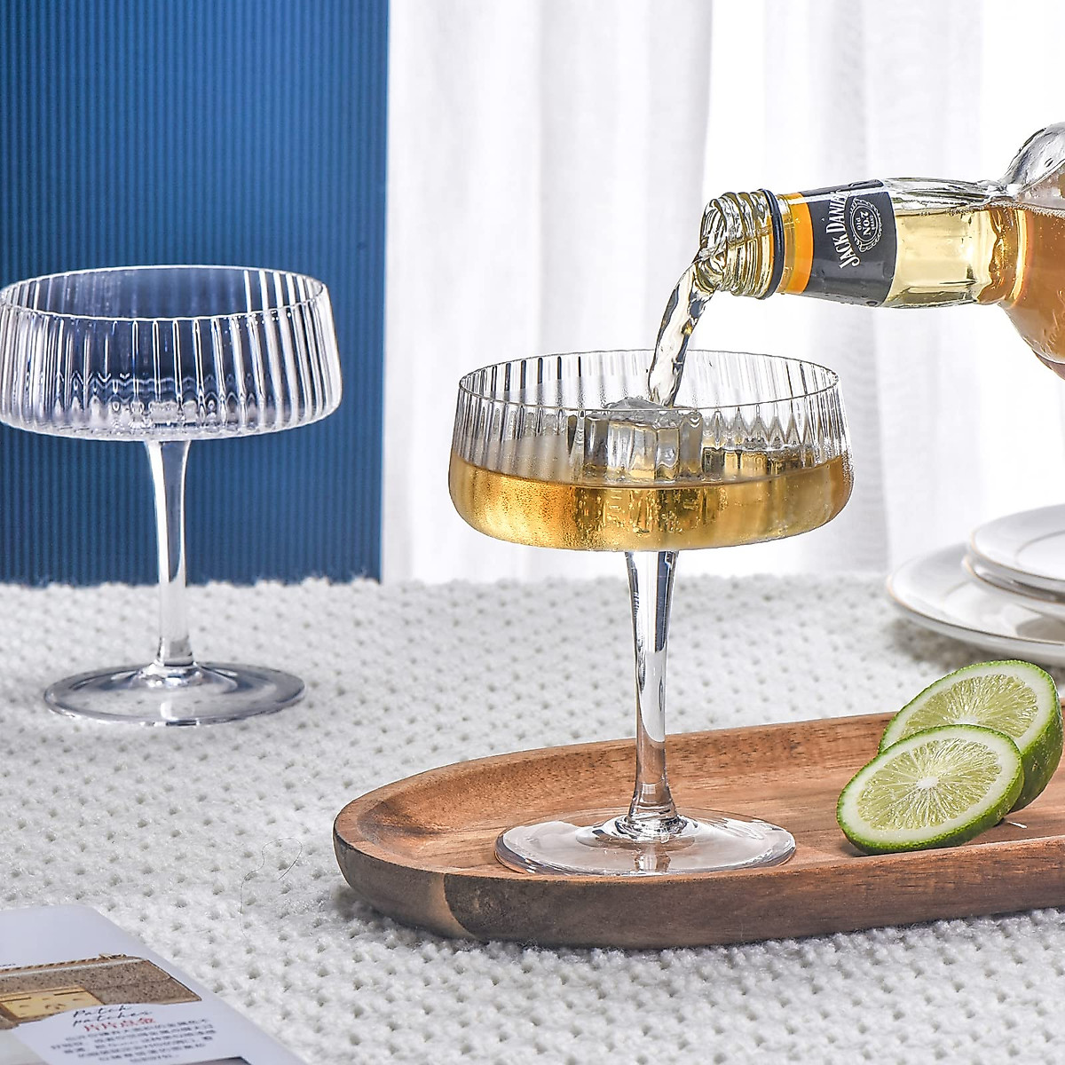 ROXBURGH Martini Glasses | Vintage Art Deco Crystal Champagne Coupe Glasses Set of 4 with 4 Cocktail Picks | 9 oz Ribbed Classic Cocktail Glassware for Champagne, Wine and Manhattan