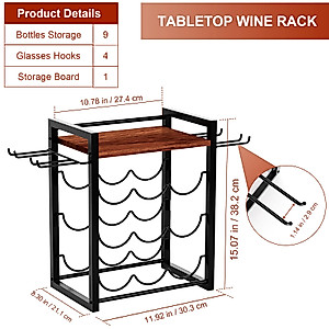 NANAGIFTREE Wine Rack Countertop, Wooden Wine Stand with Tray, Holds 9 Wine Bottles and 4 Glasses, Freestanding Wine Rack for Home, Kitchen, Bar, Wine Cellar