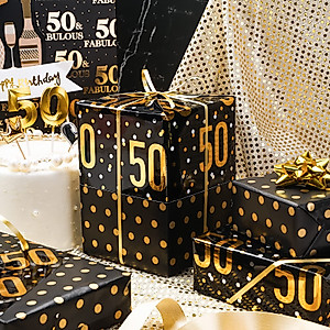 LeZakaa Reversible Wrapping Paper Roll - 50" Lettering Design with Metallic Foil in Black for Birthday, Wedding Anniversary - 17 inches x 32.8 Feet (46.45 sq.ft.)