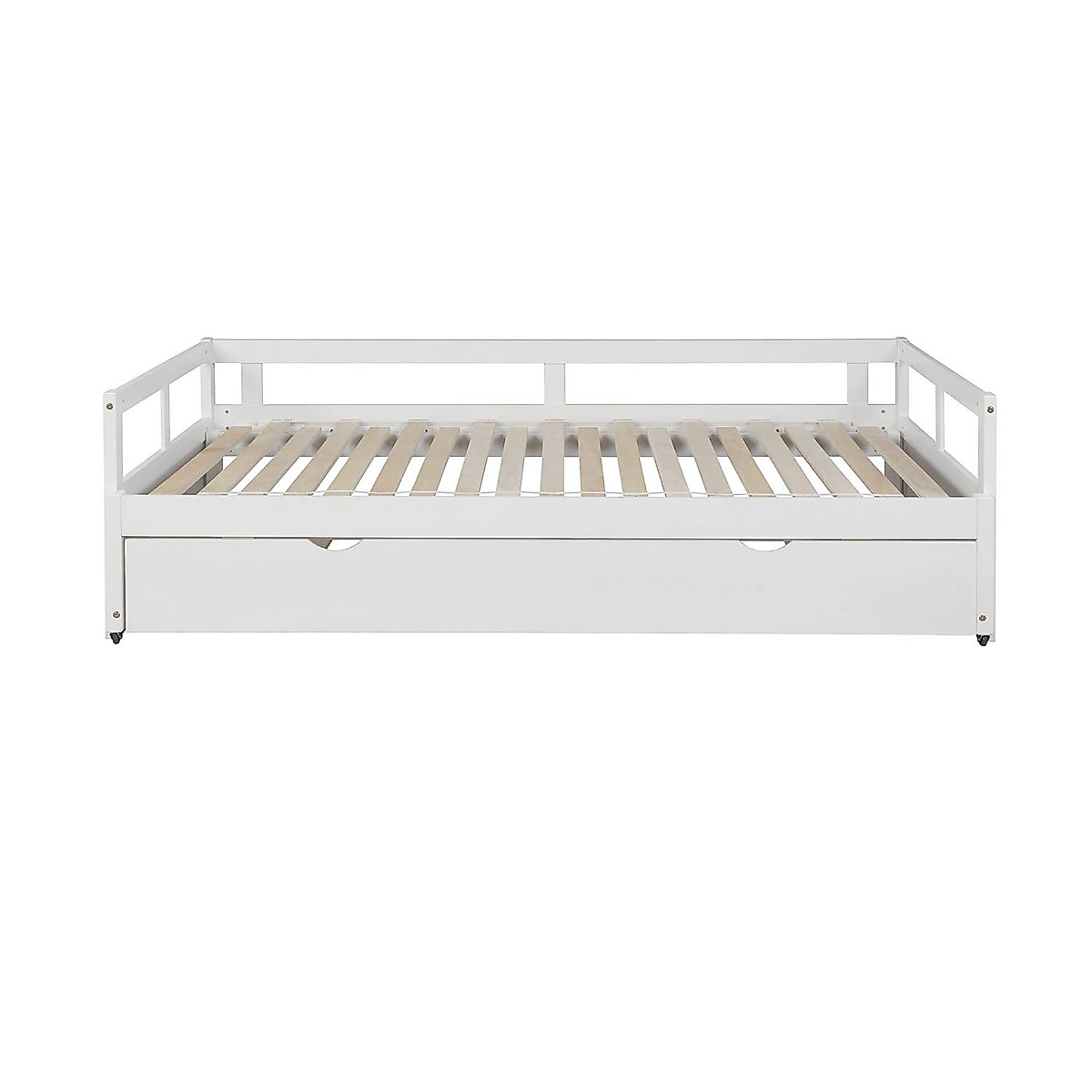 Bed Frame, Wooden Mattress Foundation with Roll Out Trundle Accommodate, Sofa Bed-Frame,Easy Assembly,White