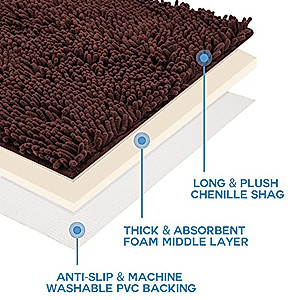 EGYPHY Bathroom Rugs Chenille Bath Mat Extra Soft and Absorbent Bath Rugs Non-Slip Shaggy Mats for Shower, Bathtub, Kitchen, Machine Washable Rug Pad Plush Microfiber Carpet 17x24 Inches Coffee