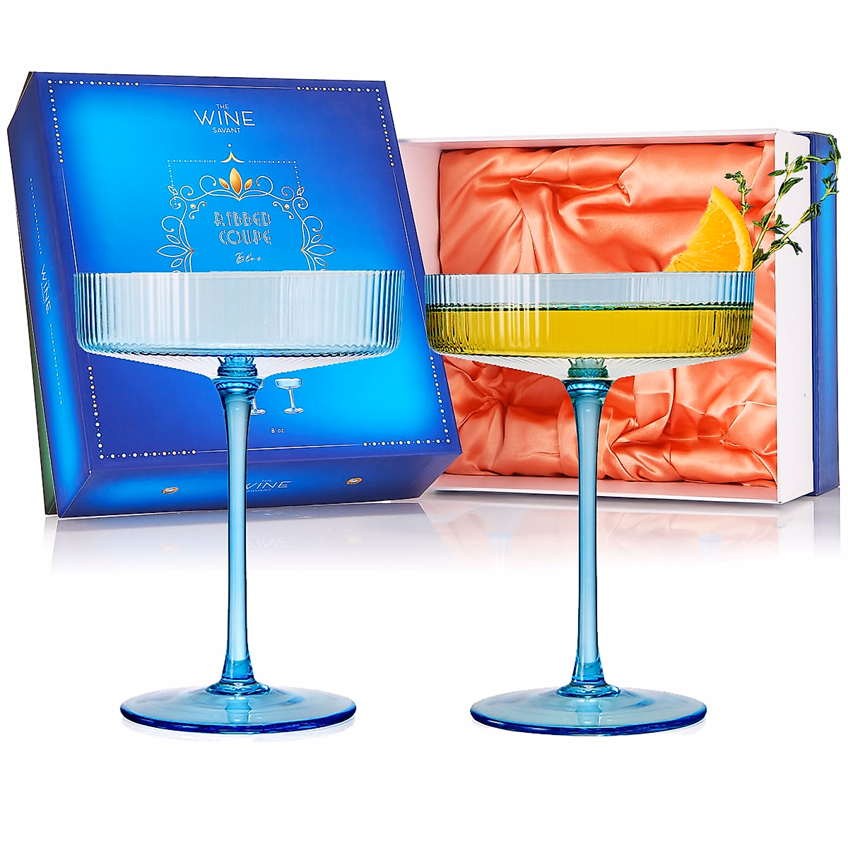 Rose Pink Ribbed Coupe Cocktail, Champagne & Martini Glasses 8 oz | Set of 2 | Retro Style Classic Manhattan Glasses For Cocktails, Ripple Coupe Glasses, Art Deco Gatsby Vintage, Crystal with Stems