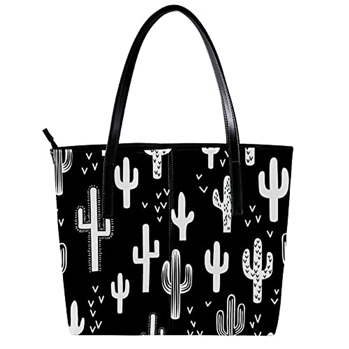Women Tote Shoulder Bag, Fun Western Cactus Black and White Leather Work Handbag with Zipper for Teens College Students
