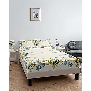 Twin Size Fitted Sheet Bed Set Christmas Abstract Snowflake Texture Deep Pocket Soft Bottom Sheets&Pillowcases for Bedroom Decor Gold Blue Snow Flower on Flax,Fits Mattress Up to 16" Deep