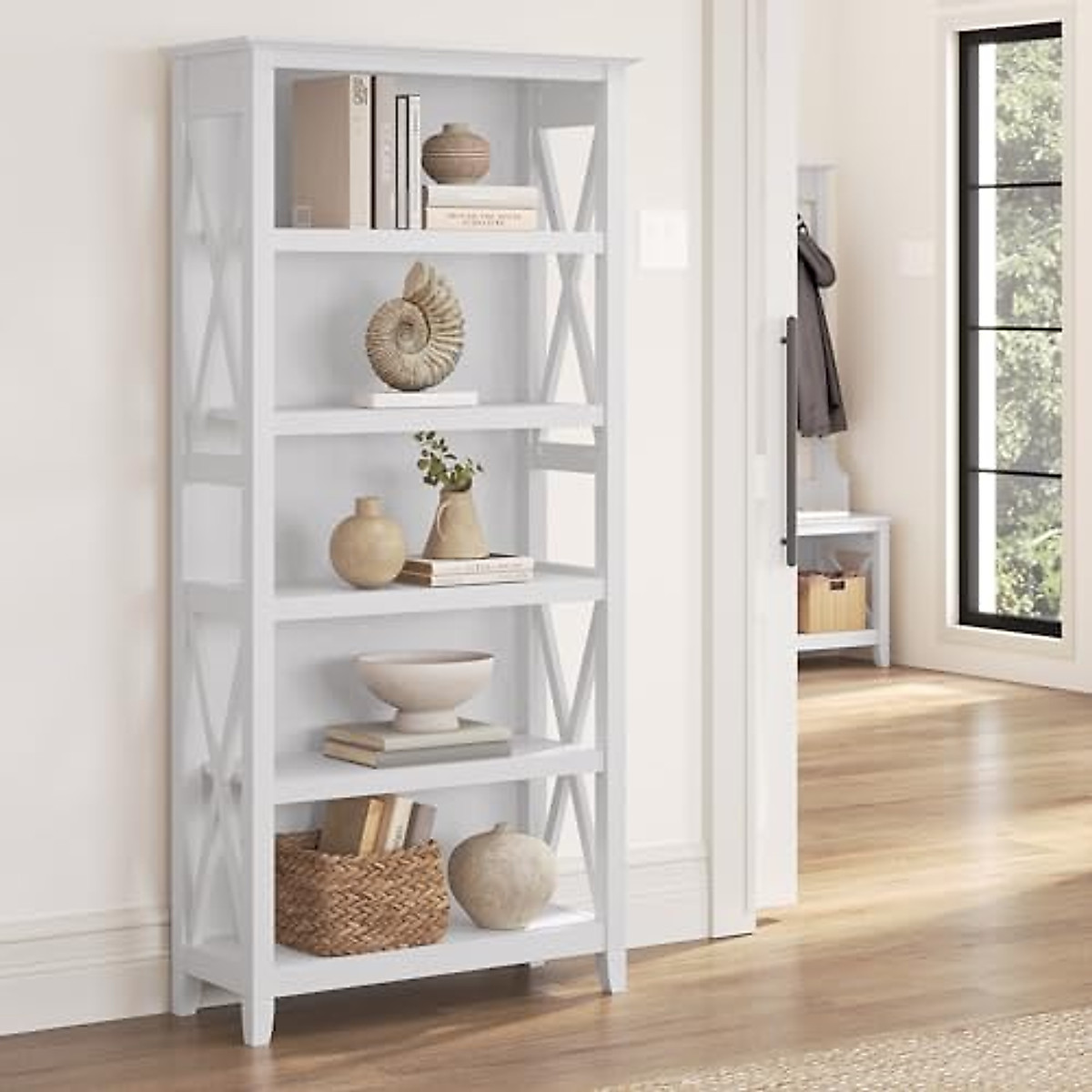 Bush Furniture Key West Bookcase Shelf Open Bookcase in Pure White Oak Farmhouse Display Cabinet for Library, Bedroom, Living Room, Office Tall Accent Cabinet