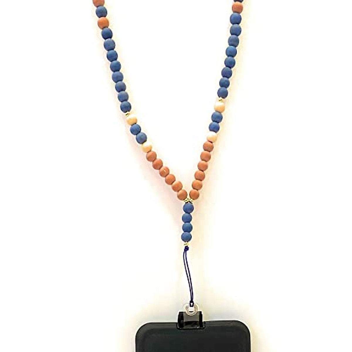 Wooden beaded phone chain lanyard gift for women stocking stuffer (Blue with Universal Tab)