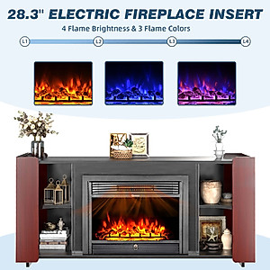 EROMMY 63'' Fireplace TV Stand with 28'' Electric Fireplace Insert, Entertainment Center with 3 Colors Flame Fireplace Heater, TV Console for TVs up to 70'' for Living Room, Bedroom, Office, Cherry
