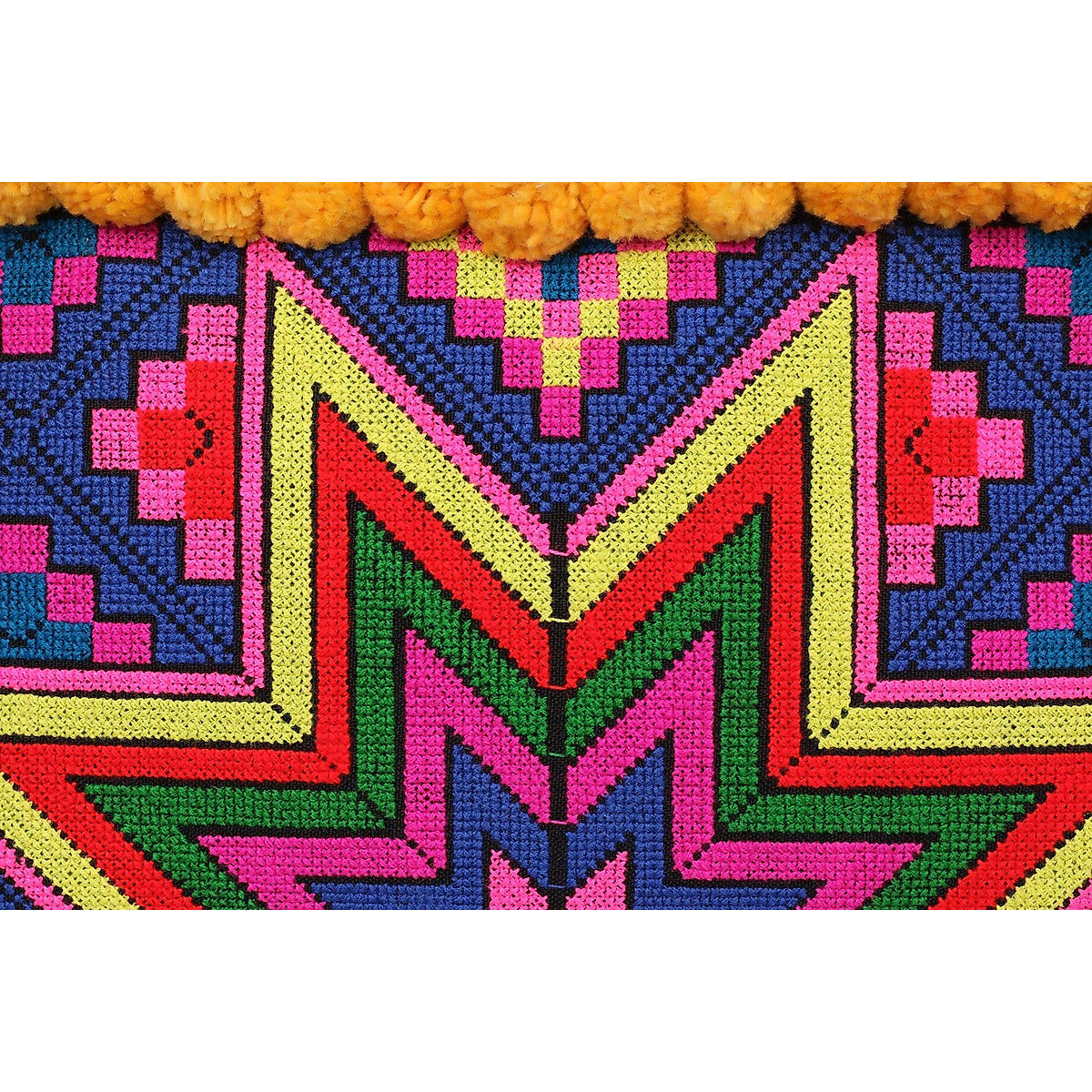 Yellow Pom Pom Clutch Bag with Embroidered Hmong Tribes Star Pattern