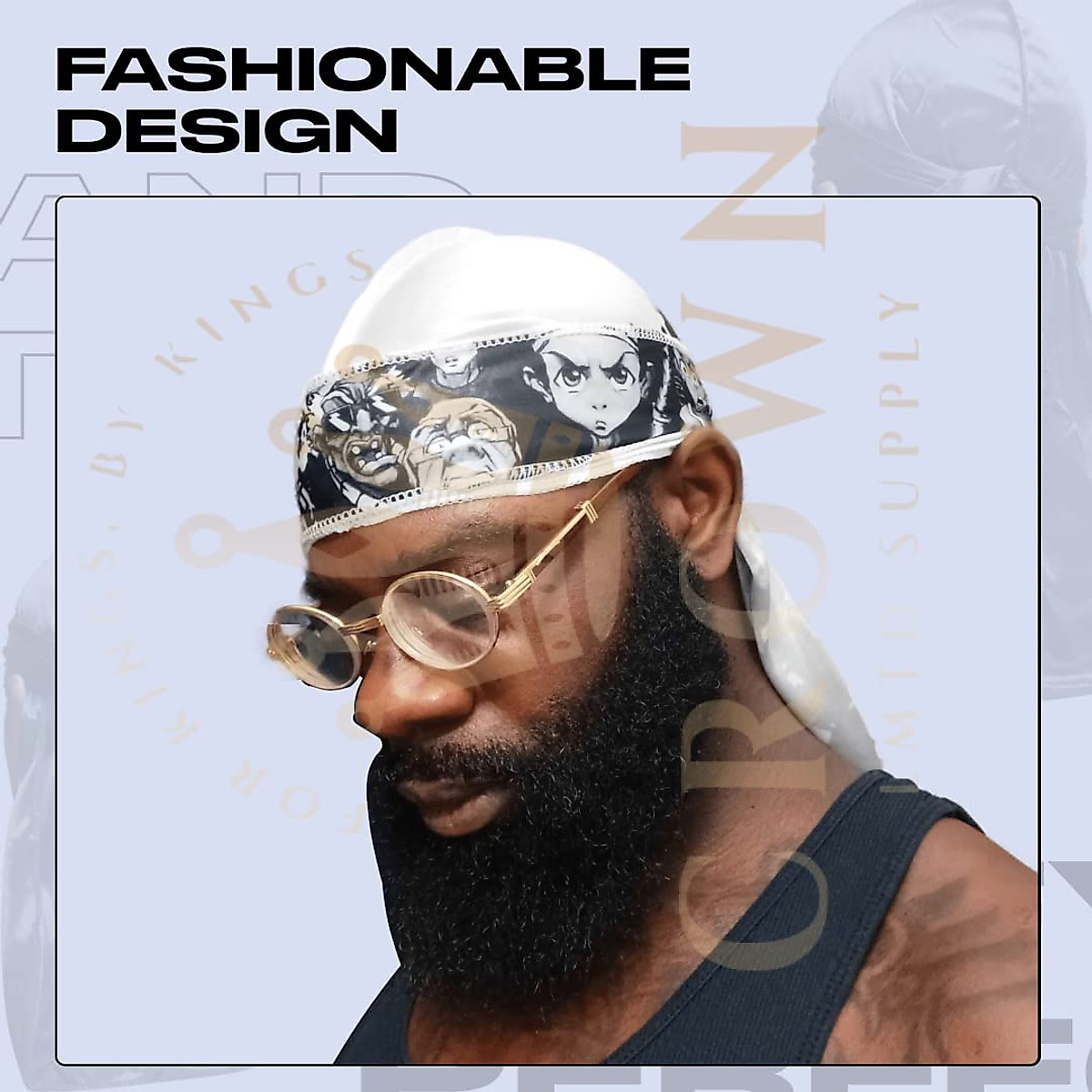 CROWN Art Silky Anime Durag with Long Wide Tails and Quadruple Stitching - White Huey Smooth Satin Fabric Du Rag for Comfort Compression