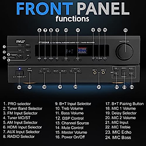 Wireless Bluetooth Power Amplifier System - 420W 5.1 Channel Home Theater Surround Sound Audio Stereo Receiver Box w/ RCA, AUX, Mic w/ Echo, Remote, Support HDMI - For Subwoofer Speaker - Pyle PT588AB