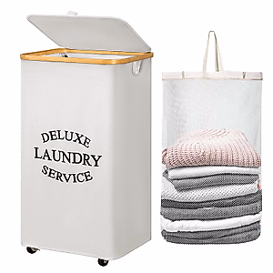 WOWLIVE 100L Laundry Hamper with Wheels,Large Laundry Basket with Lid and Bamboo Handles,Collapsible Clothes Hampers for Laundry with Removable Laundry Bag for Bedroom,Bathroom,Dorm,Beige