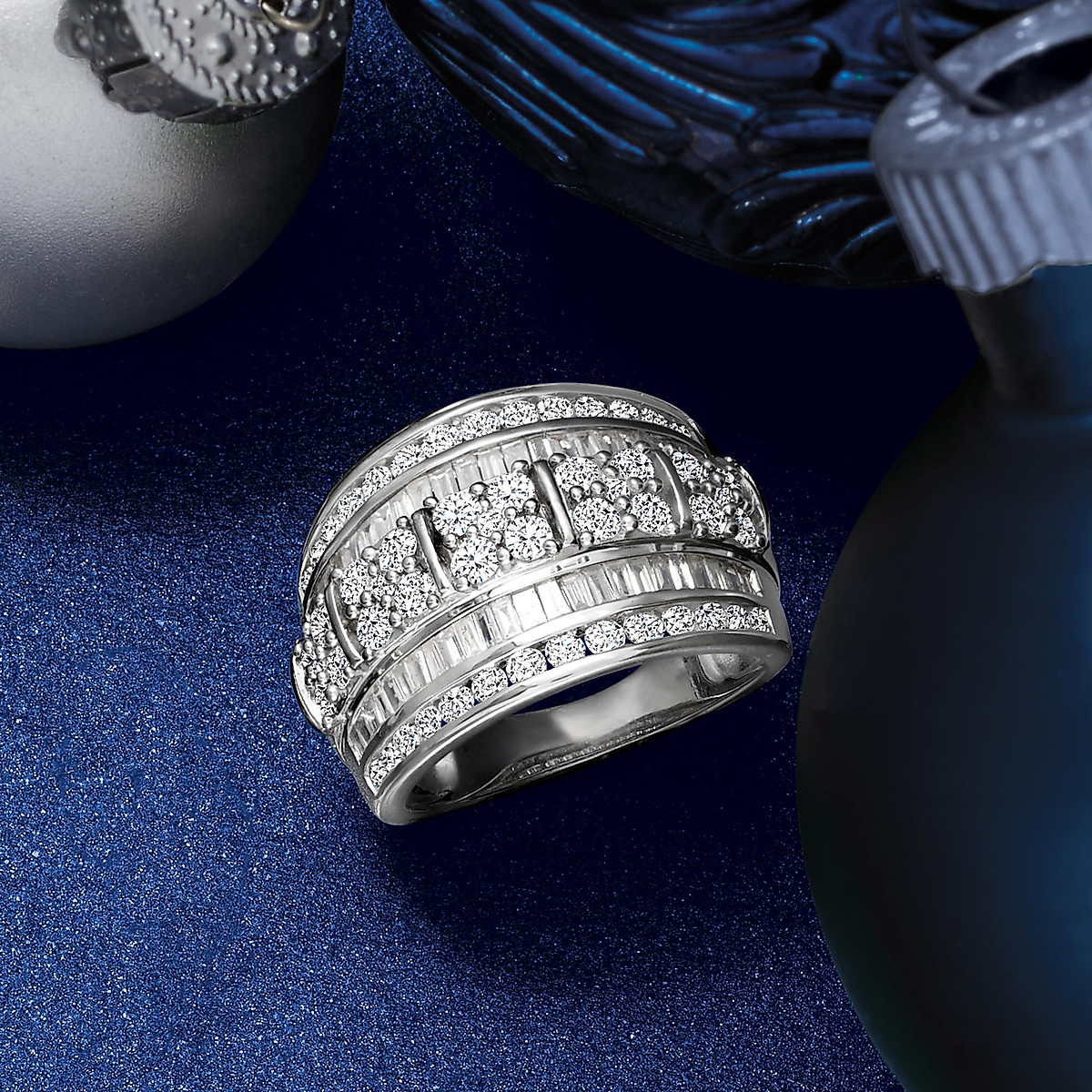 Ross-Simons 2.00 ct. t.w. Baguette and Round Diamond Multi-Row Ring in Sterling Silver. Size 9