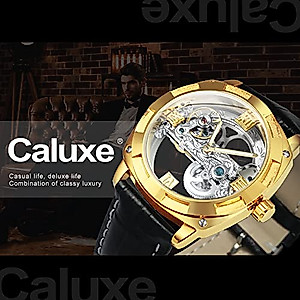 Caluxe Automatic Mechanical Tourbillon Golden Watch, 3 Leather Straps Combo Gift Set(Black & Brown Genuine Leather Strap+ Sports Rubber)