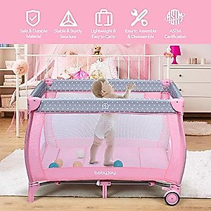 HONEY JOY Pack and Play with Bassinet, 3 in 1 Portable Baby Playard with Infant Full-Size Bassinet & Changing Table, Diaper Stacker, Foldable Play Yard Nursery Center w/Toy Bar, Oxford Bag (Pink)