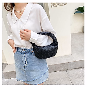 Bella Luna Mini Knotted Woven Hobo Bag | Shoulder Handbag or Purse | Women’s Designer Fashion Soft Faux Leather Bag (Black)