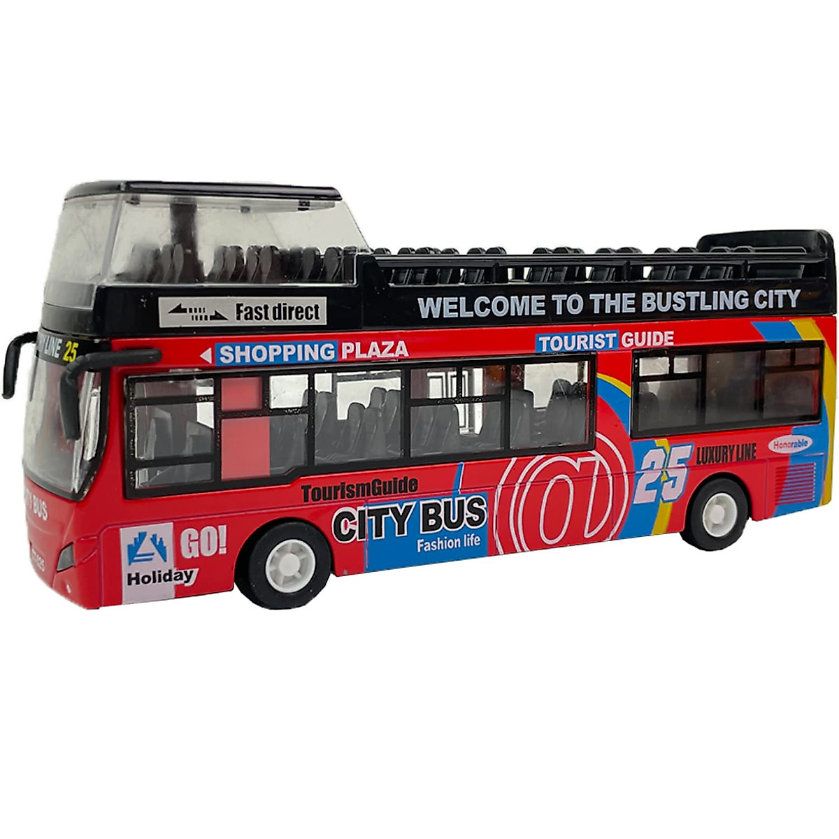 Liberty Imports 1:32 Scale Die Cast Sightseeing Tour Bus Toy Pull Back Vehicles | Mini Double Decker Tourist Open Top Bus Model Car | Pullback Action Toys with Lights and Music (Red)