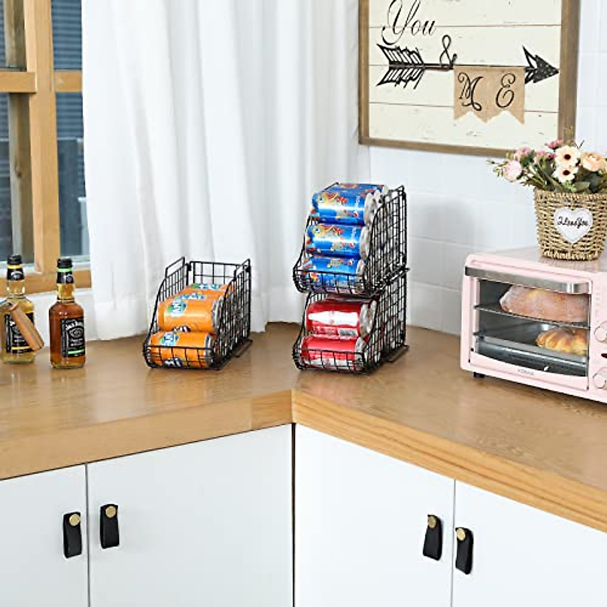 Standing Can Dispenser Bin 3-Pack, Stackable Beverage Drink Pop Soda Can Storage Organizer Basket with Handles, Foldable Canned Food Holder for Kitchen Pantry Countertop Cabinet Patent Pending