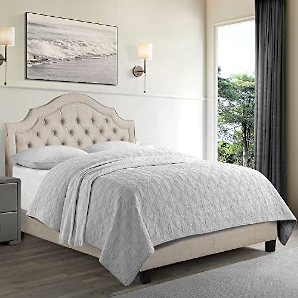 Rosevera Jardin Button Tufted Platform Bed Frame/Fabric Upholstered Bed Frame with Adjustable Headboard/Wood Slat Support,King, Beige