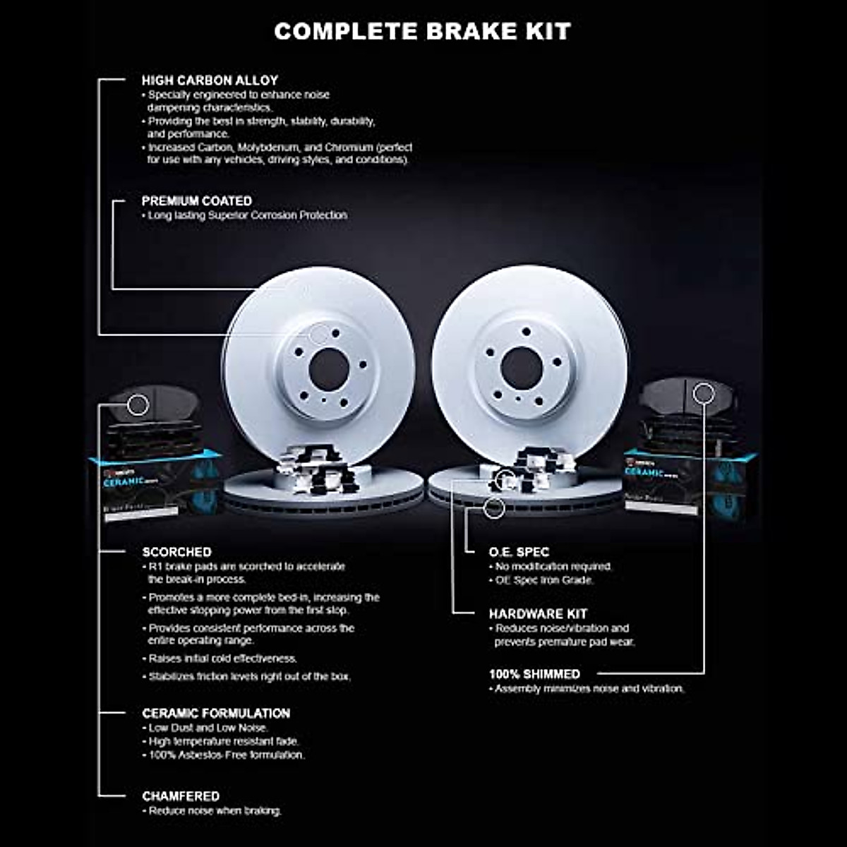 R1 Concepts Front Rear Brakes and Rotors Kit |Front Rear Brake Pads| Brake Rotors and Pads| Ceramic Brake Pads and Rotors |Hardware Kit|fits 2017-2020 Subaru BRZ; Toyota 86