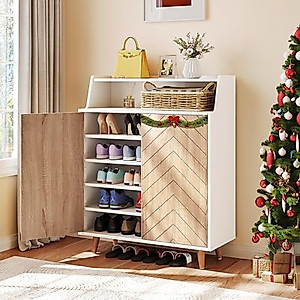 YITAHOME Shoe Cabinet with Doors, 5-Tier Shoe Storage Cabinet with Open Shelves, Large Capacity Wooden Shoes Rack Organizer with Pine Wood Legs for Entryway/Hallway/Closet, White