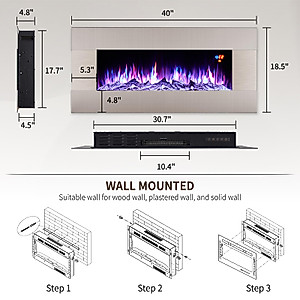 AMERLIFE 40" Wall Mount Electric Fireplace with Remote Control, Wall Hanging Fireplace Heater with Adjustable Flame Colors and Heater, Top-Vent, Low Noise, 750W/1500W, Stainless Steel Frame