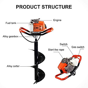 DC House 63CC Heavy Duty Gas Powered Post Hole Digger with 4pcs Earth Auger Drill Bits 4"6"8''12''Bits & Extensions Rods,Multiple Package