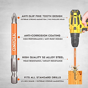 OnYolk 10-Piece Phillips Magnetic Screwdriver Bit Set, S2 Alloy Steel Anti-Slip Long Drill Bits, 1/4 Hex Shank, Fine Tooth Design, Strong Magnetism, Size 1"- 5", PH2